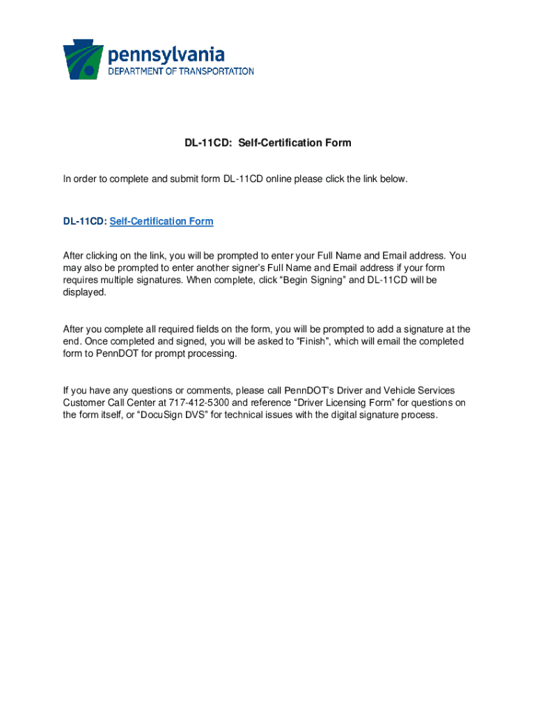 Fillable Online DL-11CD: Self-Certification Form Fax Email Print - pdfFiller