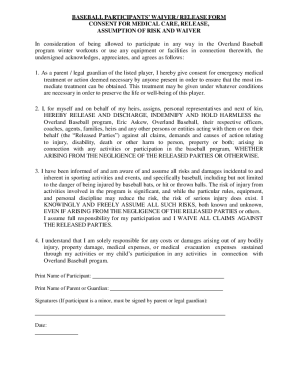 Fillable Online baseball participants' waiver / release form consent ...