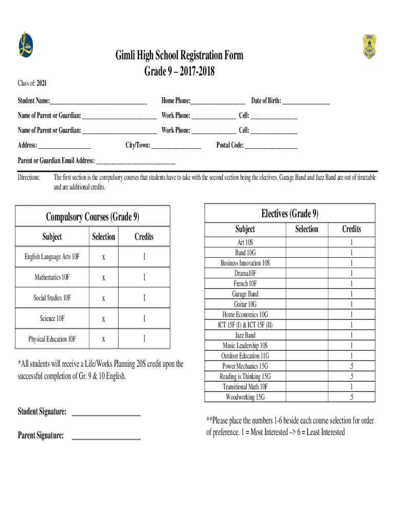 Fillable Online Gimli High School Registration Form Grade 9 2017-2018 ...
