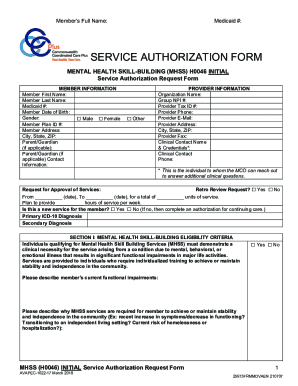 Fillable Online SERVICE AUTHORIZATION FORM. Mental Health Skill ...