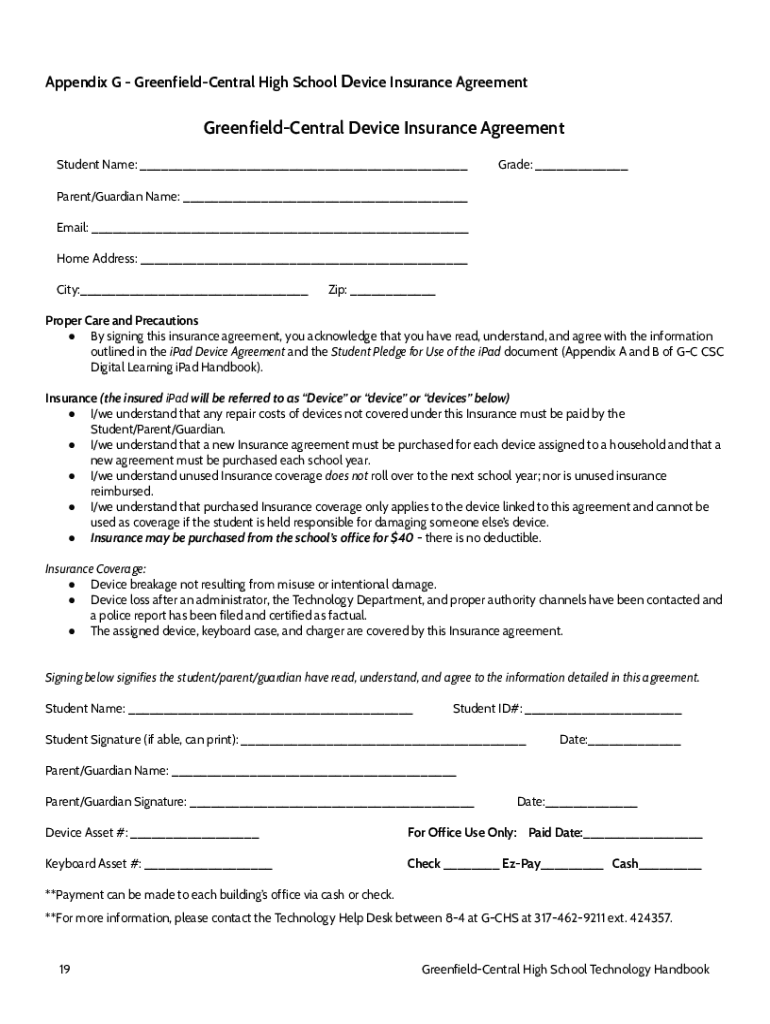 Fillable Online gchs gcsc k12 in Greenfield-Central High School Insurance Agreement Fax Email ...