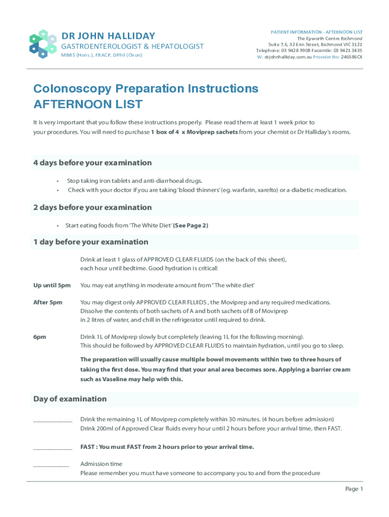 Fillable Online Colonoscopy Preparation Instructions AFTERNOON LIST Fax ...
