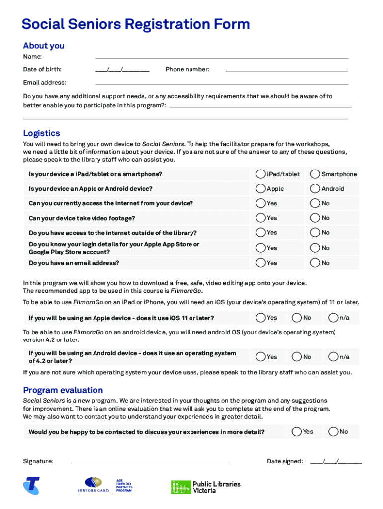 Fillable Online Social Seniors Registration Form Fax Email Print ...