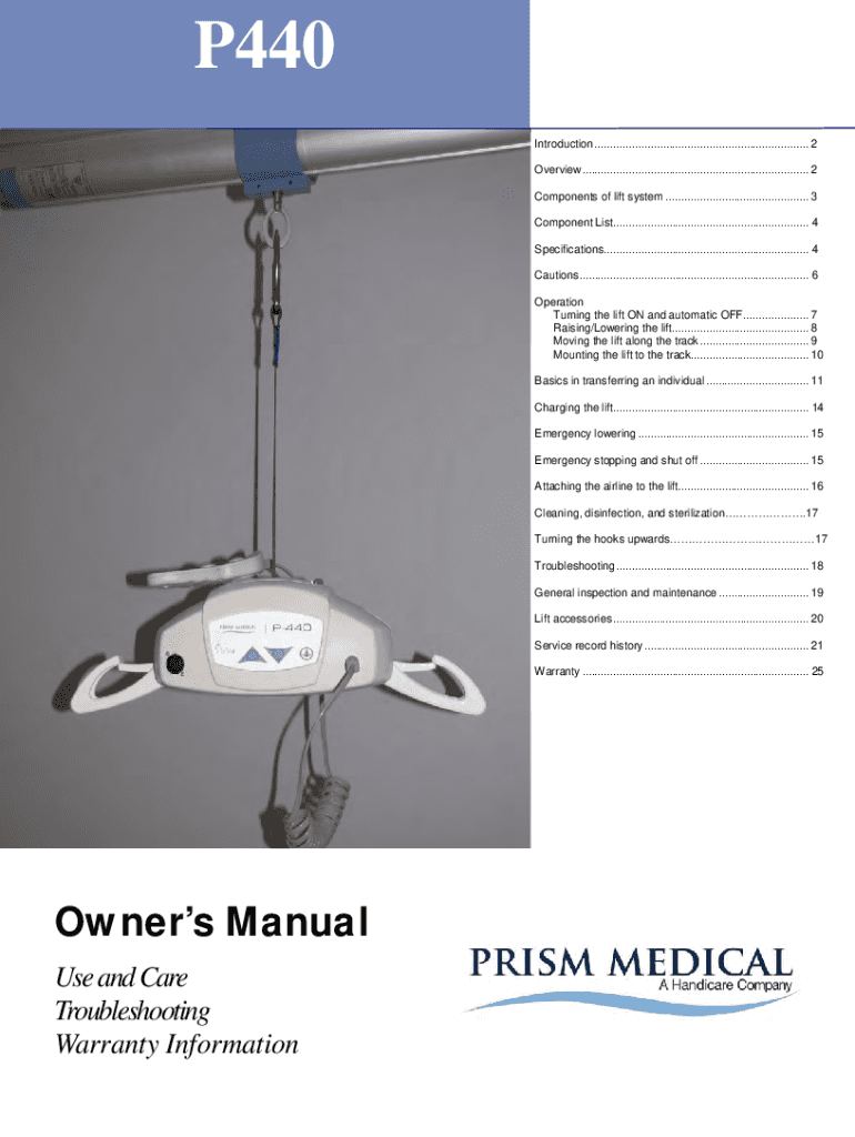 Fillable Online P440 Portable Ceiling Lift by Handicare Owner's Manual ...