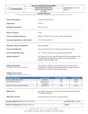 Fillable Online 1.0 Product Information Form Vanilla Pure Liquid ...