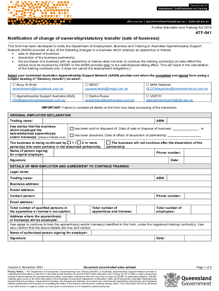 Fillable Online ATF-041 Notification of change of ownership/statutory ...