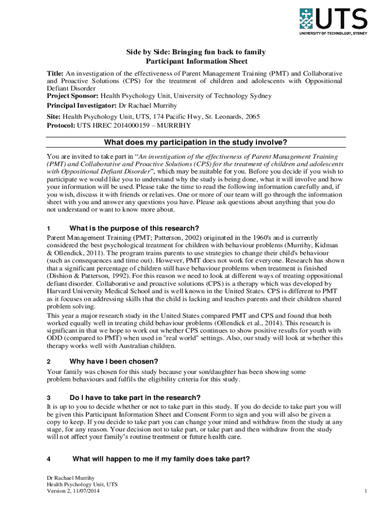 Fillable Online Bringing fun back to family Participant Information ...