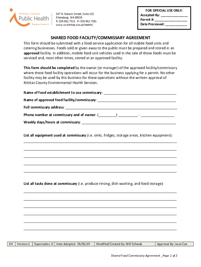 Fillable Online Shared food facility commissary agreement. Shared food ...