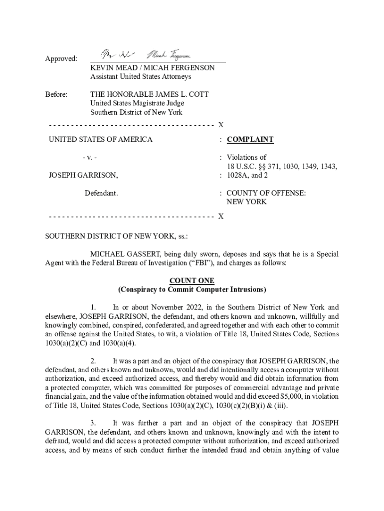 Fillable Online THE HONORABLE JAMES L. COTT United States M Fax Email ...