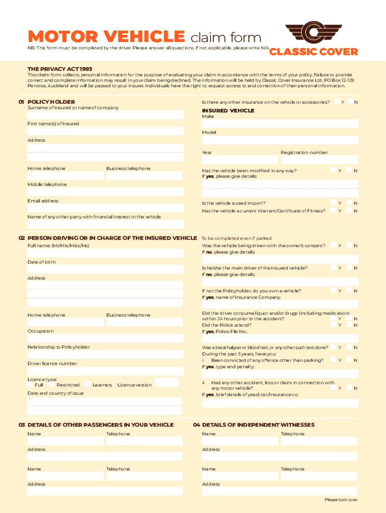 Fillable Online MOTOR VEHICLE claim form Fax Email Print - pdfFiller