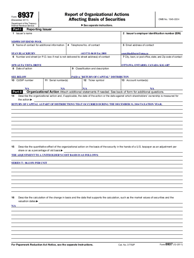 Fillable Online Form 8937 Amended Report of Organizational Actions ...