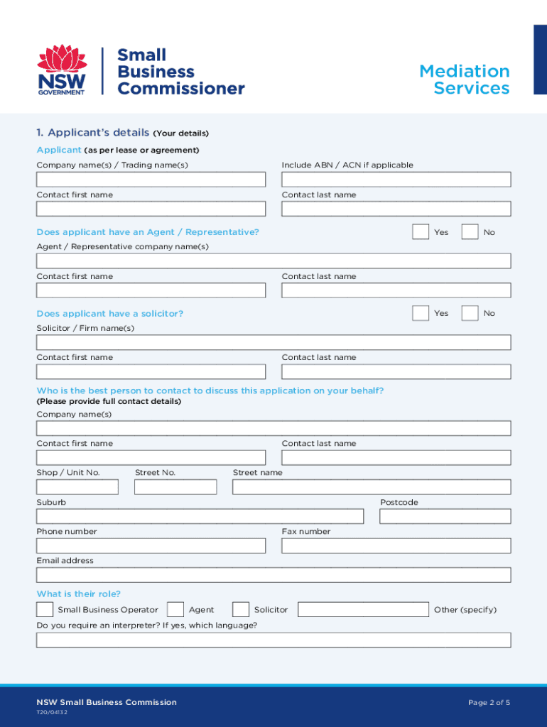 Fillable Online Application for mediation of a small business dispute ...