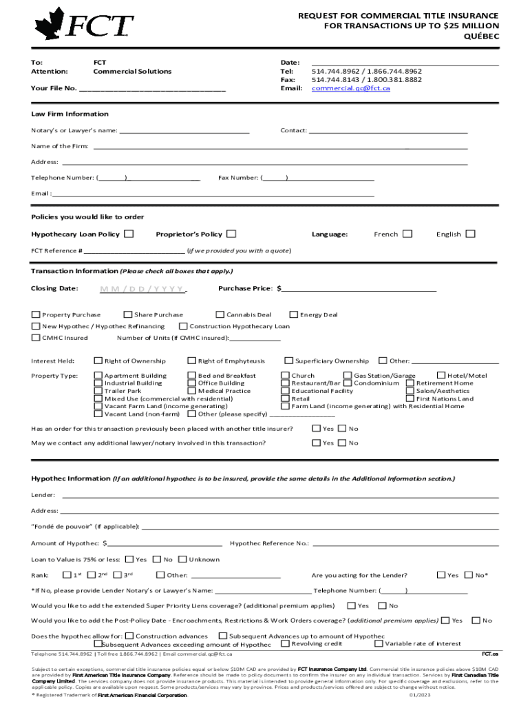 Fillable Online REQUEST FOR COMMERCIAL TITLE INSURANCE FOR TRANSACTIONS ...