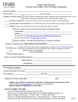 Fillable Online Funeral Home Order Form for Death Certificates Fax ...