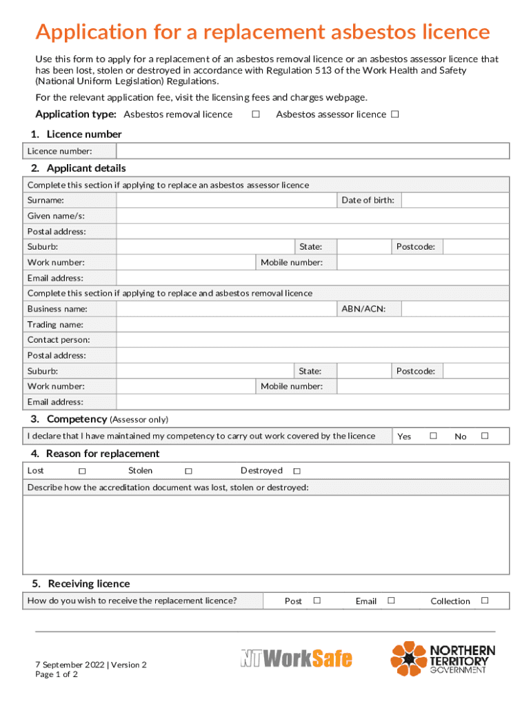 Fillable Online Application for a replacement asbestos licence Fax ...