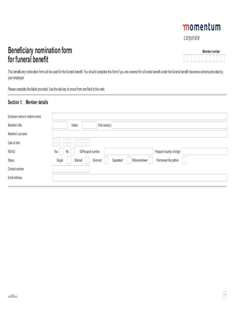 Fillable Online Beneficiary nomination form for funeral benefit Fax Email Print - pdfFiller
