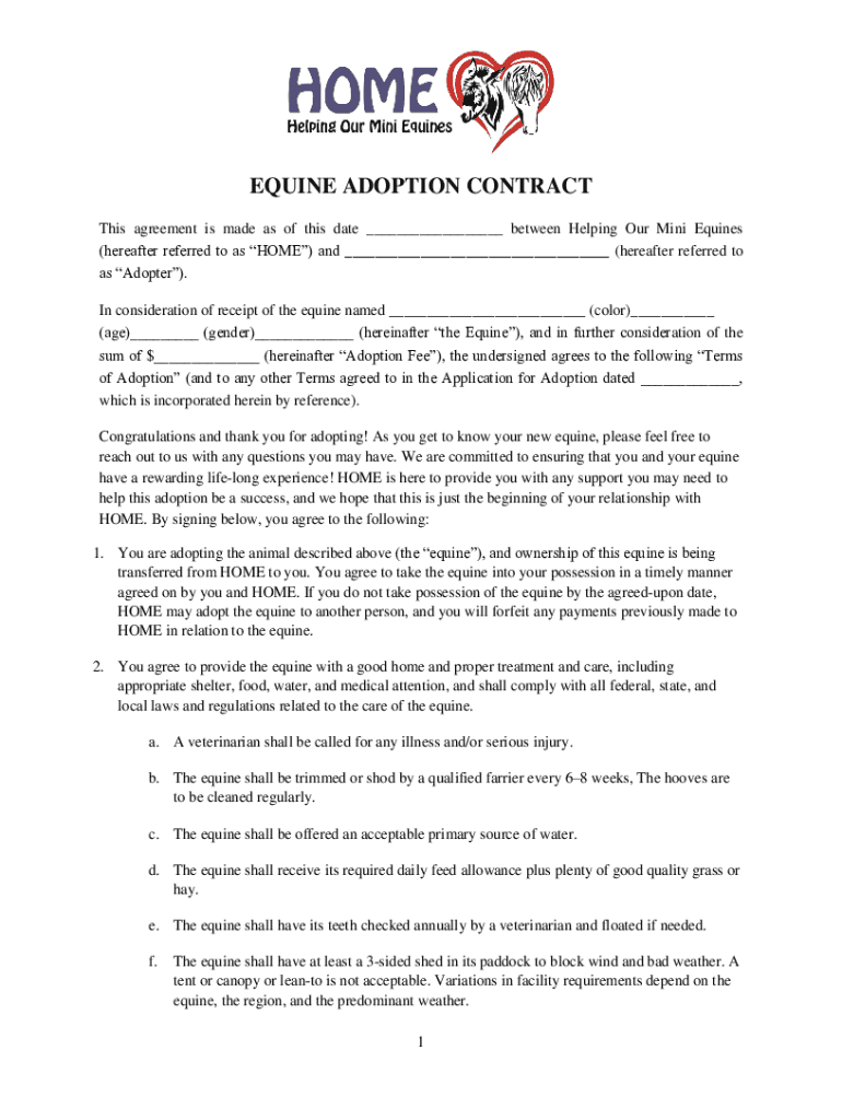 Fillable Online This EQUINE ADOPTION AGREEMENT ( ... Fax Email Print ...
