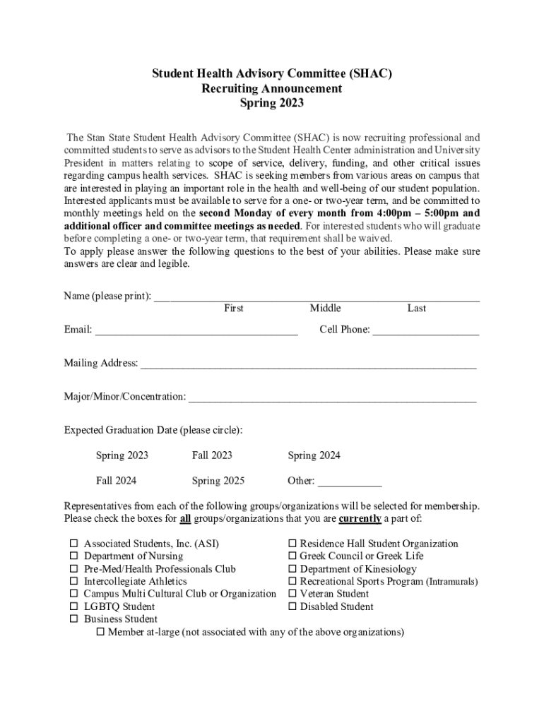 Fillable Online Student Health Advisory Council (SHAC) Fax Email Print - pdfFiller