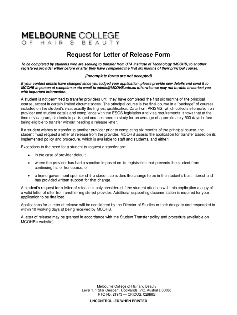Fillable Online Request for Letter of Release Form Fax Email Print ...