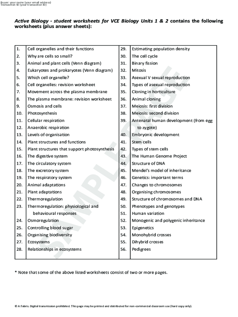 Fillable Online student worksheets for VCE Biology Units 3 & 4 Fax ...