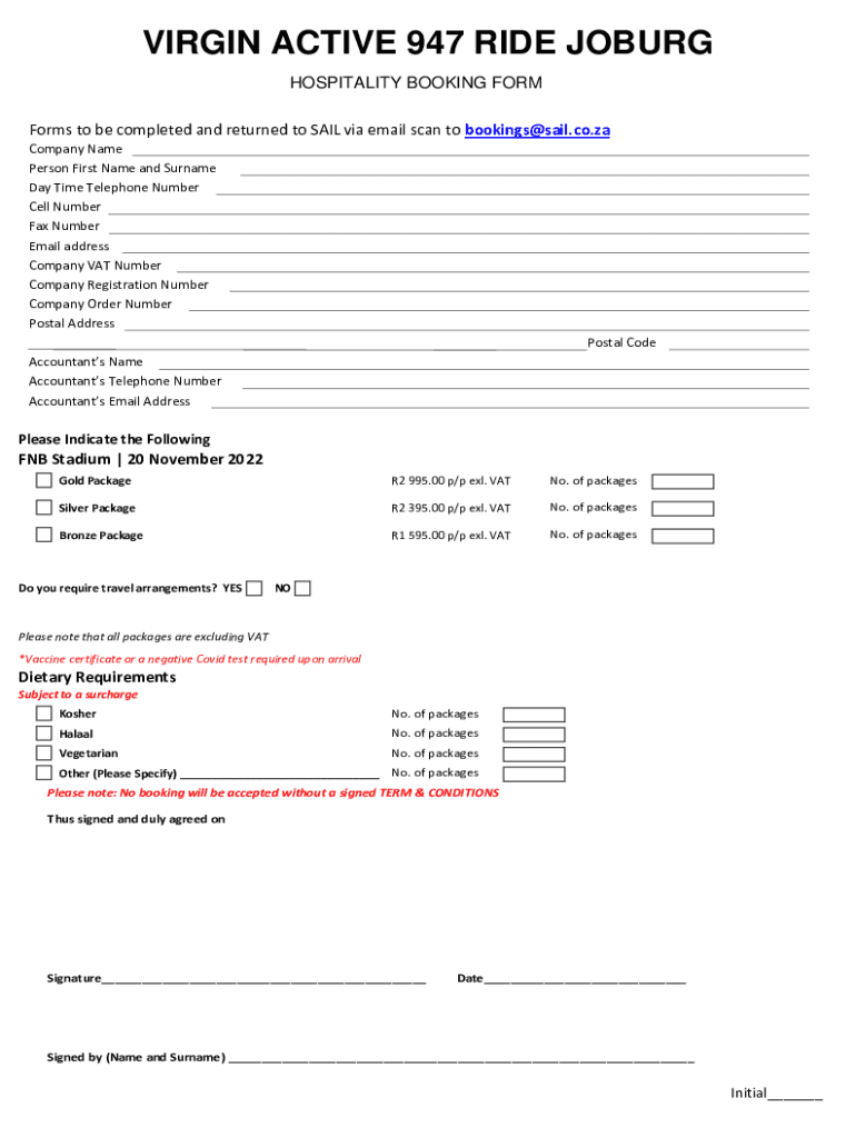 Fillable Online Virgin Active 947 Ride Joburg Booking Form Fax Email ...