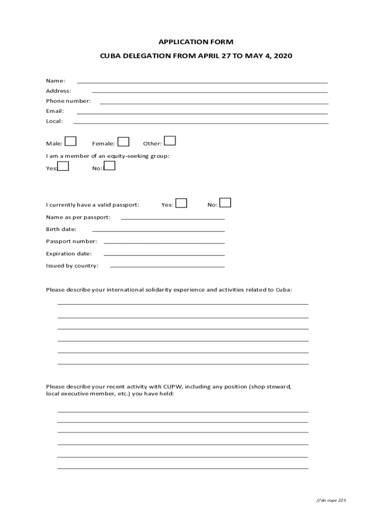 Fillable Online APPLICATION FORM CUBA DELEGATION FROM APRIL ... Fax ...