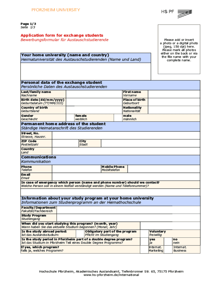 Fillable Online Application form for exchange students ... Fax Email ...
