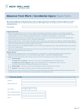 Fillable Online Absence from Work / Accidental Injury Claim Form ...