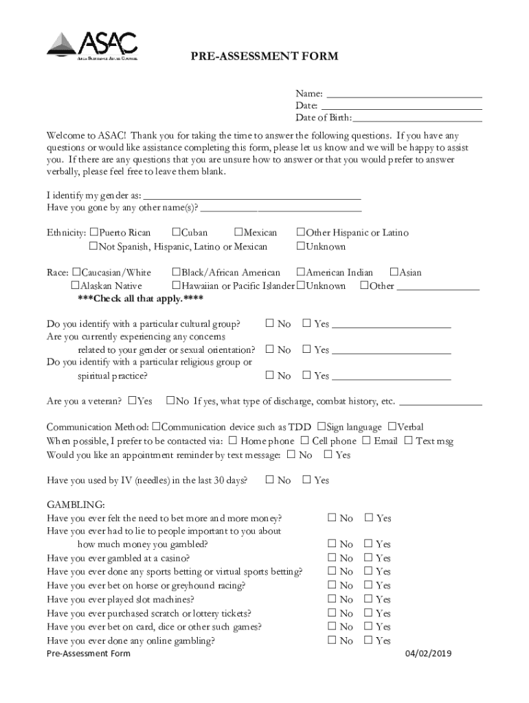 2019-2025 ASAC Pre-Assessment Form Fill Online, Printable, Fillable ...