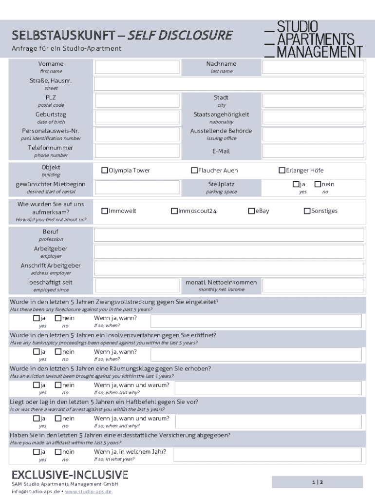 Ausfüllbar Online SELBSTAUSKUNFT SELF DISCLOSURE - Studio Apartments ...