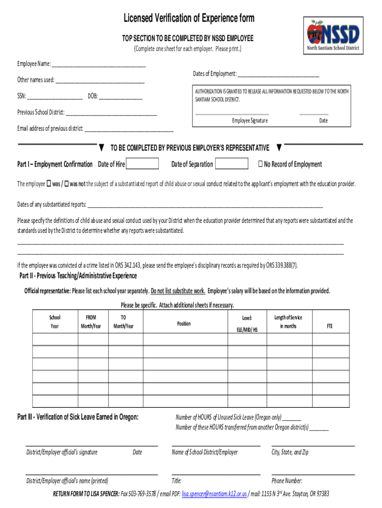 Fillable Online Licensed Verification of Experience form Fax Email ...