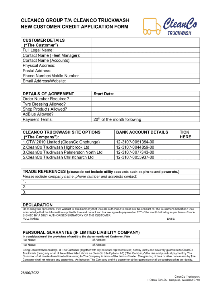 Fillable Online CleanCo Group Credit Application Form Multi Master edited version 28.06.22.docm ...