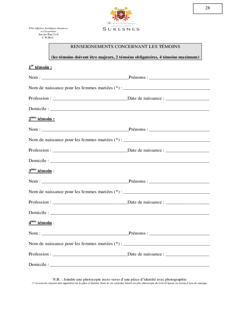 Remplissable En Ligne Dossier de mariage - formulaire de renseignements concernant les tmoins ...
