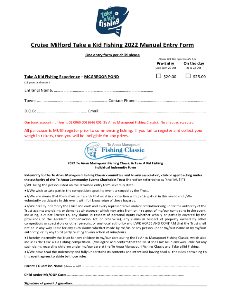 Fillable Online Cruise Milford Take a Kid Fishing 2022 Manual Entry ...