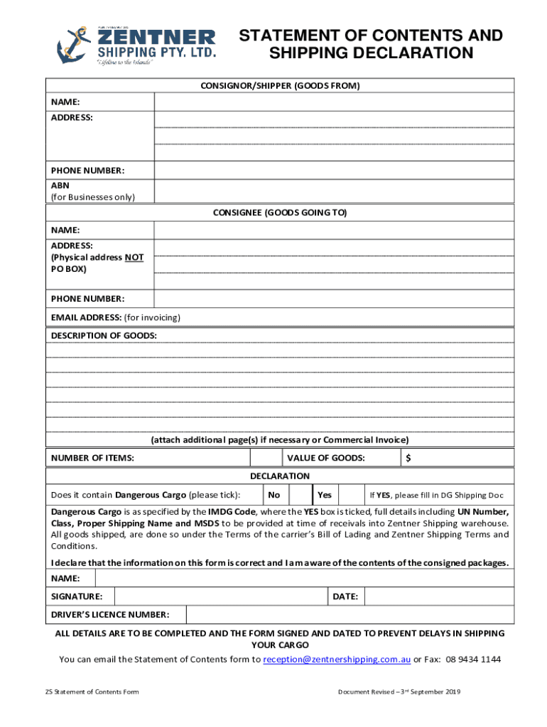 Fillable Online ZS-Statement-of-Contents-Form-Revised. ... Fax Email ...