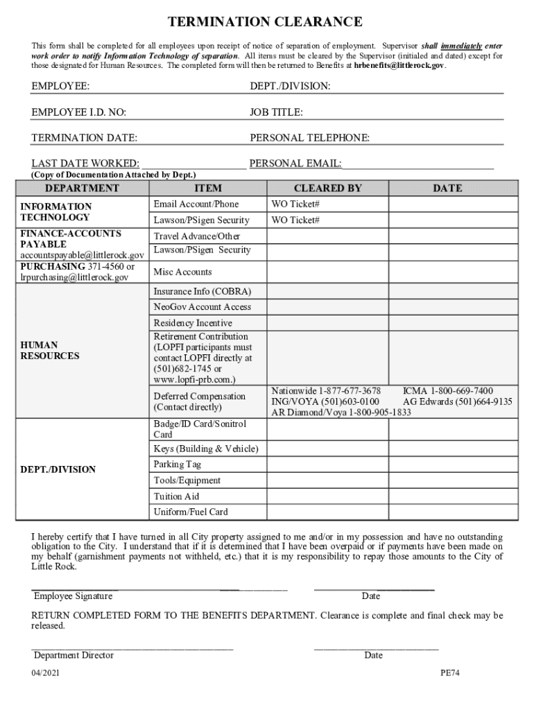 Fillable Online TERMINATION CLEARANCE FORM Fax Email Print - pdfFiller