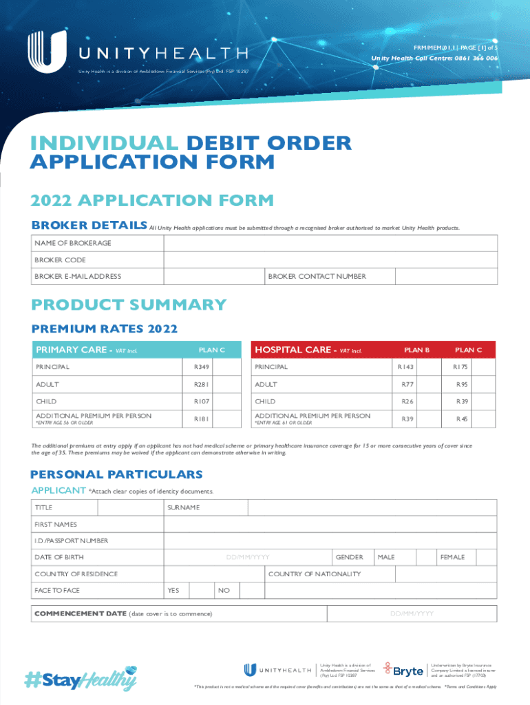 Fillable Online INDIVIDUAL DEBIT ORDER APPLICATION FORMUnity Health Fax ...
