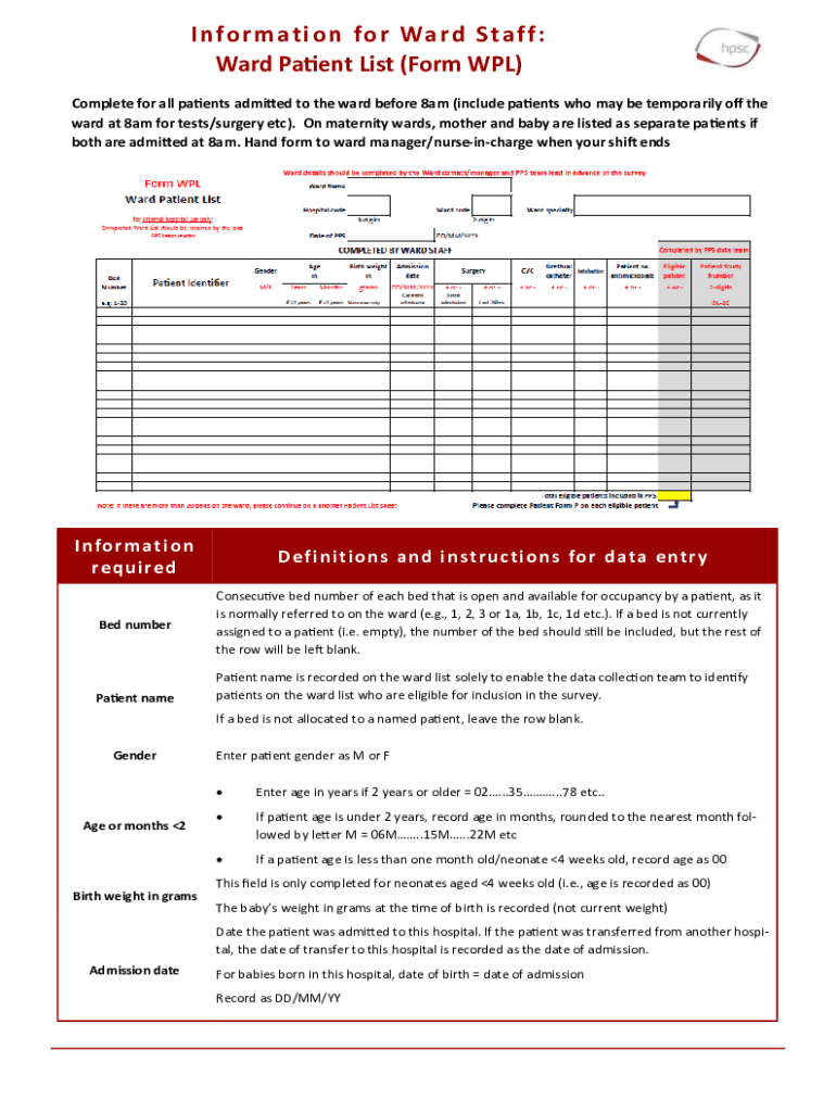 Fillable Online Information for Ward Staff: Ward Patient List (Form WPL ...