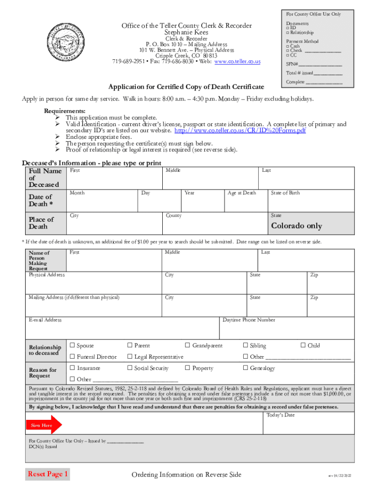 Fillable Online Vital records Department-Teller County Clerk and ...