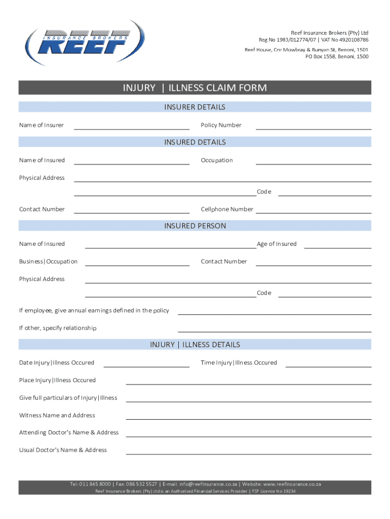 Fillable Online INJURYILLNESS CLAIM FORM Fax Email Print - pdfFiller