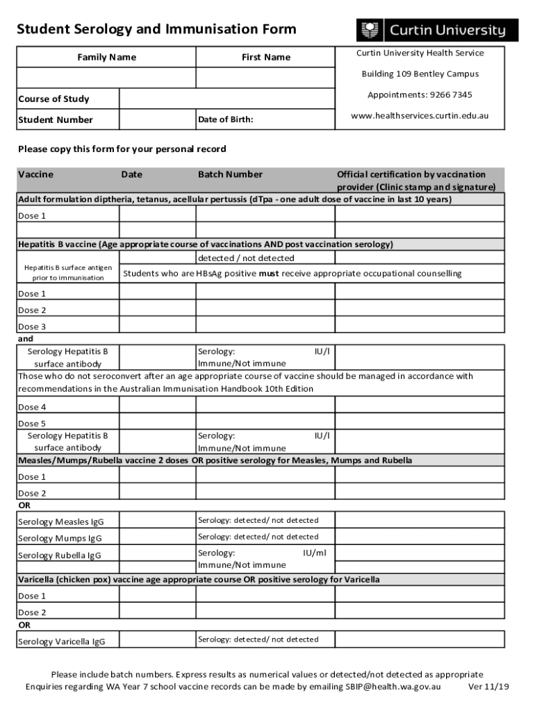 Fillable Online Student Serology and Immunisation Form Fax Email Print ...