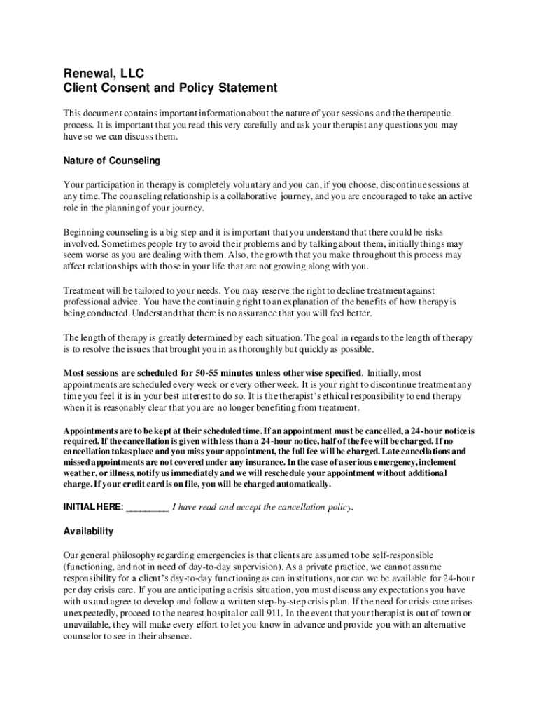 Fillable Online Renewal, LLC Client Consent and Policy Statement Fax ...