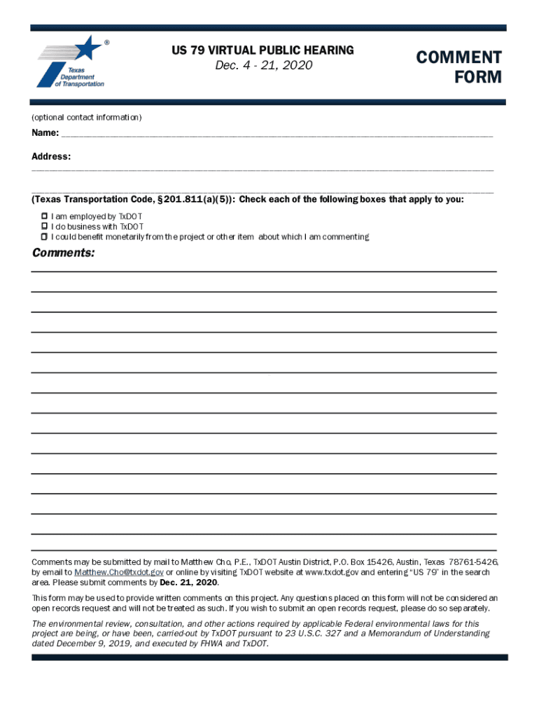 Fillable Online plans dot state tx Fillable Comment Form. US 79 from I ...