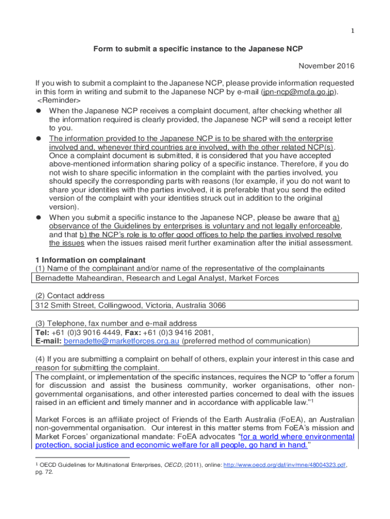 Fillable Online Form to submit a specific instance to the Japanese NCP ...