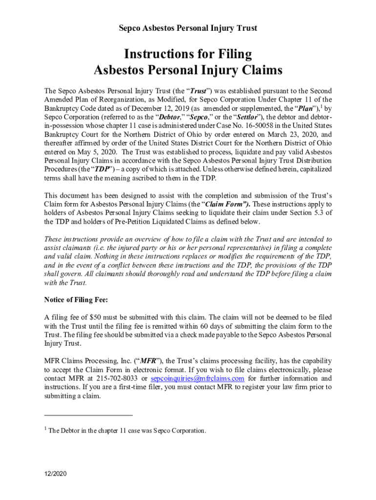 Fillable Online INSTRUCTIONS FOR FILING A CLAIM WITH THE - Sepco ...