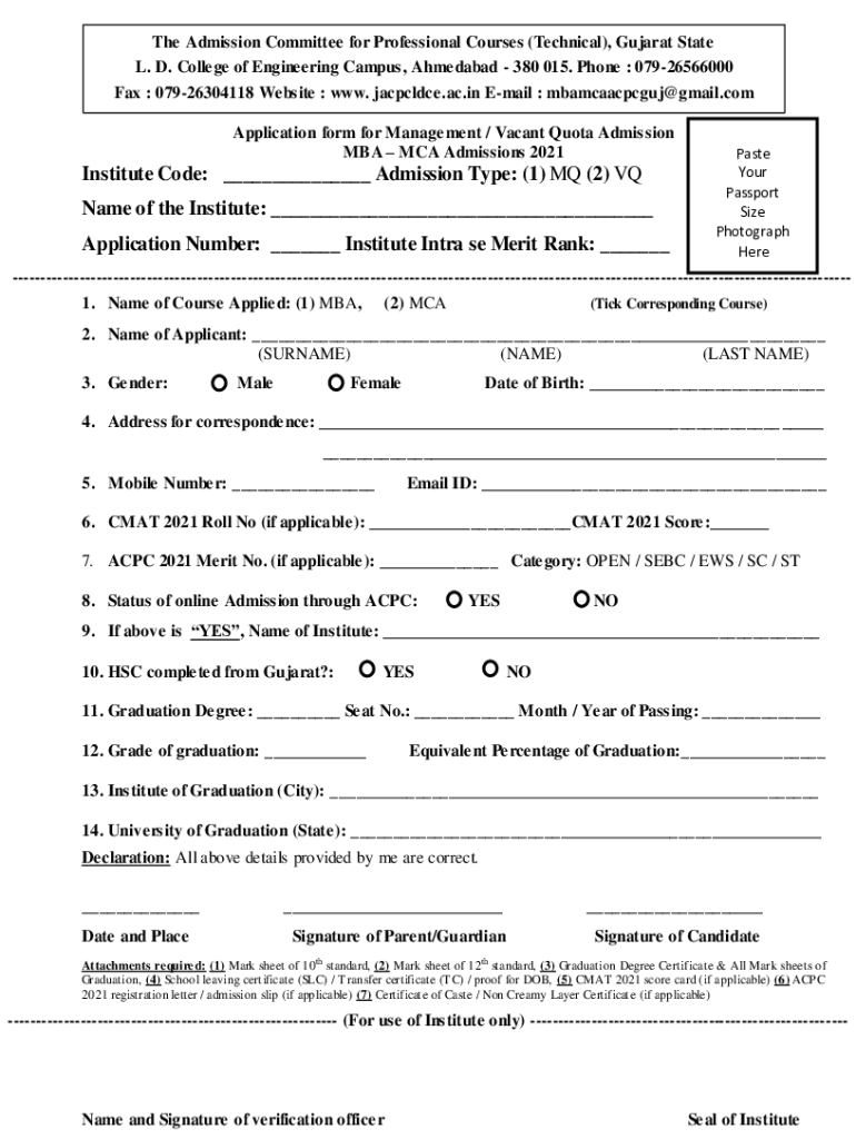 Fillable Online Admission Type: (1) MQ (2) VQ Name of the Institute Fax ...