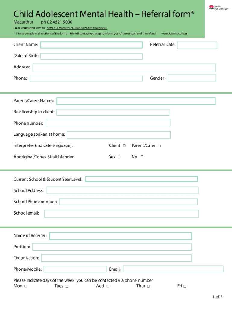 Fillable Online Referral form - Child Adolescent Mental Health - icamhs ...