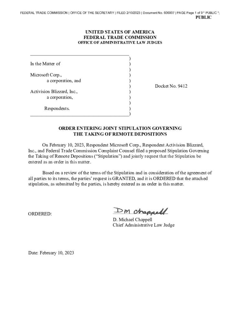 Fillable Online Order Entering Joint Stipulation Governing the Taking ...