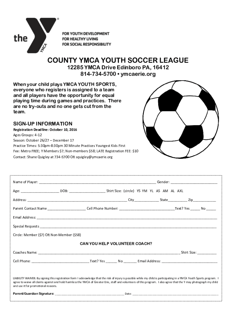 Fillable Online Fillable Online COUNTY YMCA YOUTH SOCCER LEAGUE Fax ...