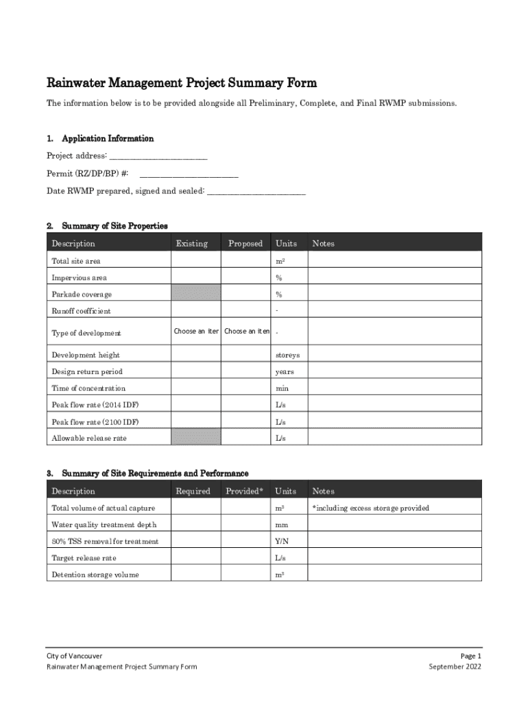 Fillable Online Rainwater Management Project Summary Form. Rainwater ...